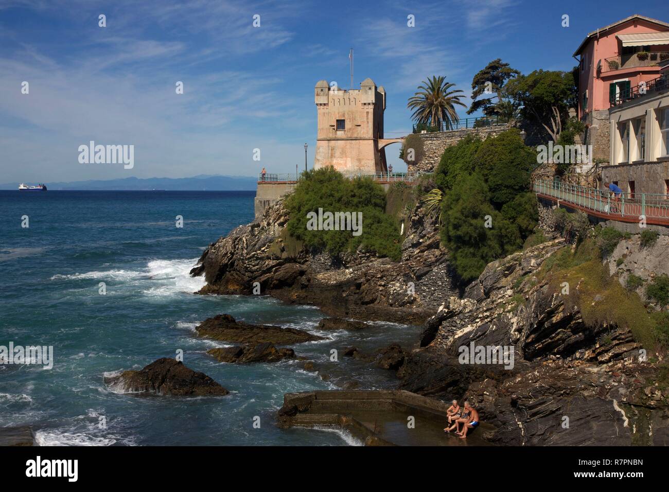 Italy, Liguria, Nervi, genoese tower on the coastal promenade from the ...