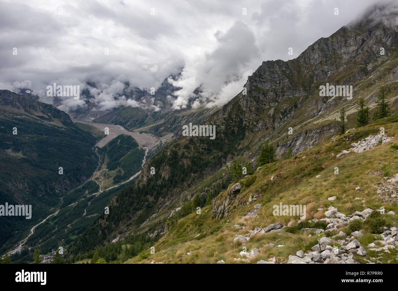Aerial view of Anzasca Valley,at the foot of Mount Rosa, with the ...