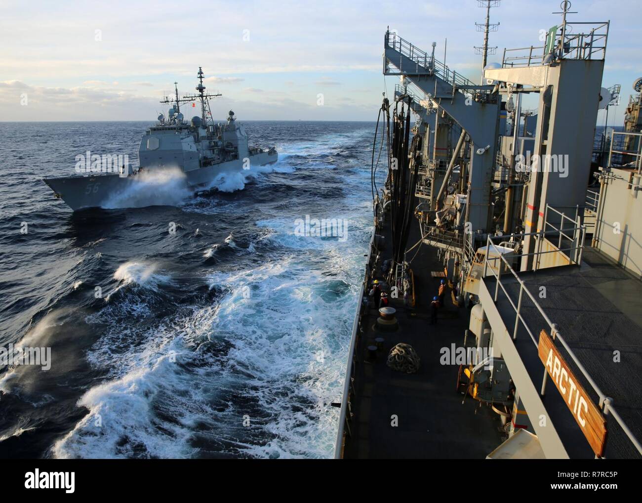 ATLANTIC OCEAN (March 23, 2017)--The Ticonderoga-class cruiser USS San Jacinto (CG 56) pulls ...