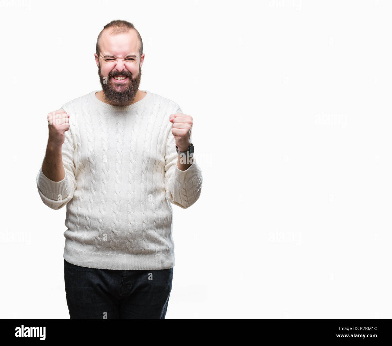 Young caucasian hipster man wearing winter sweater over isolated ...