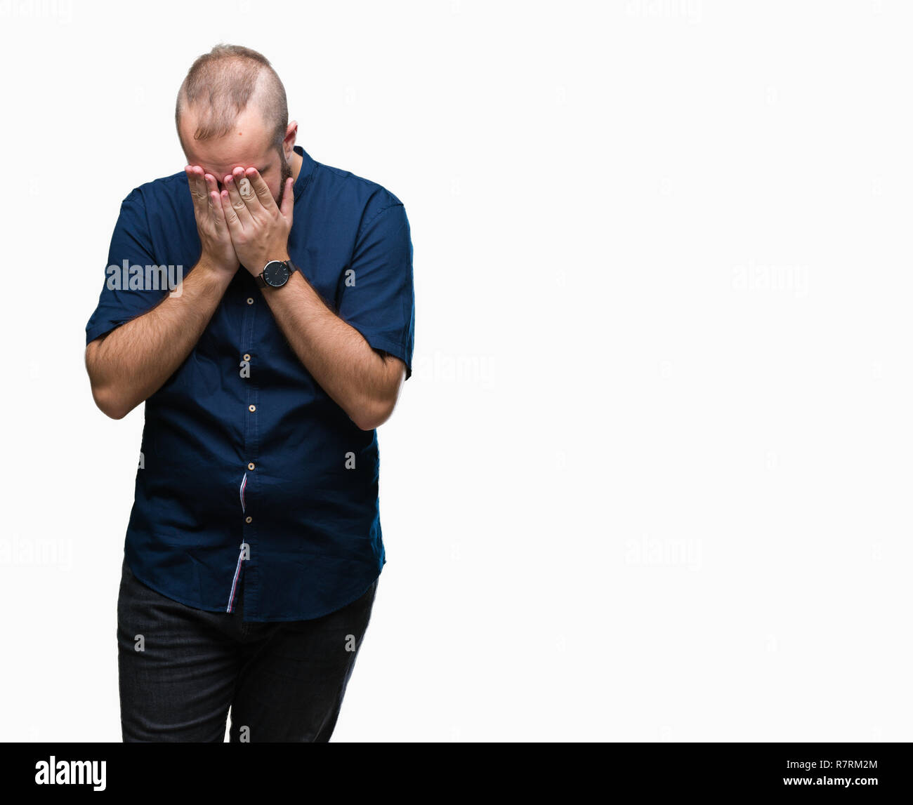 Young caucasian hipster man over isolated background with sad ...