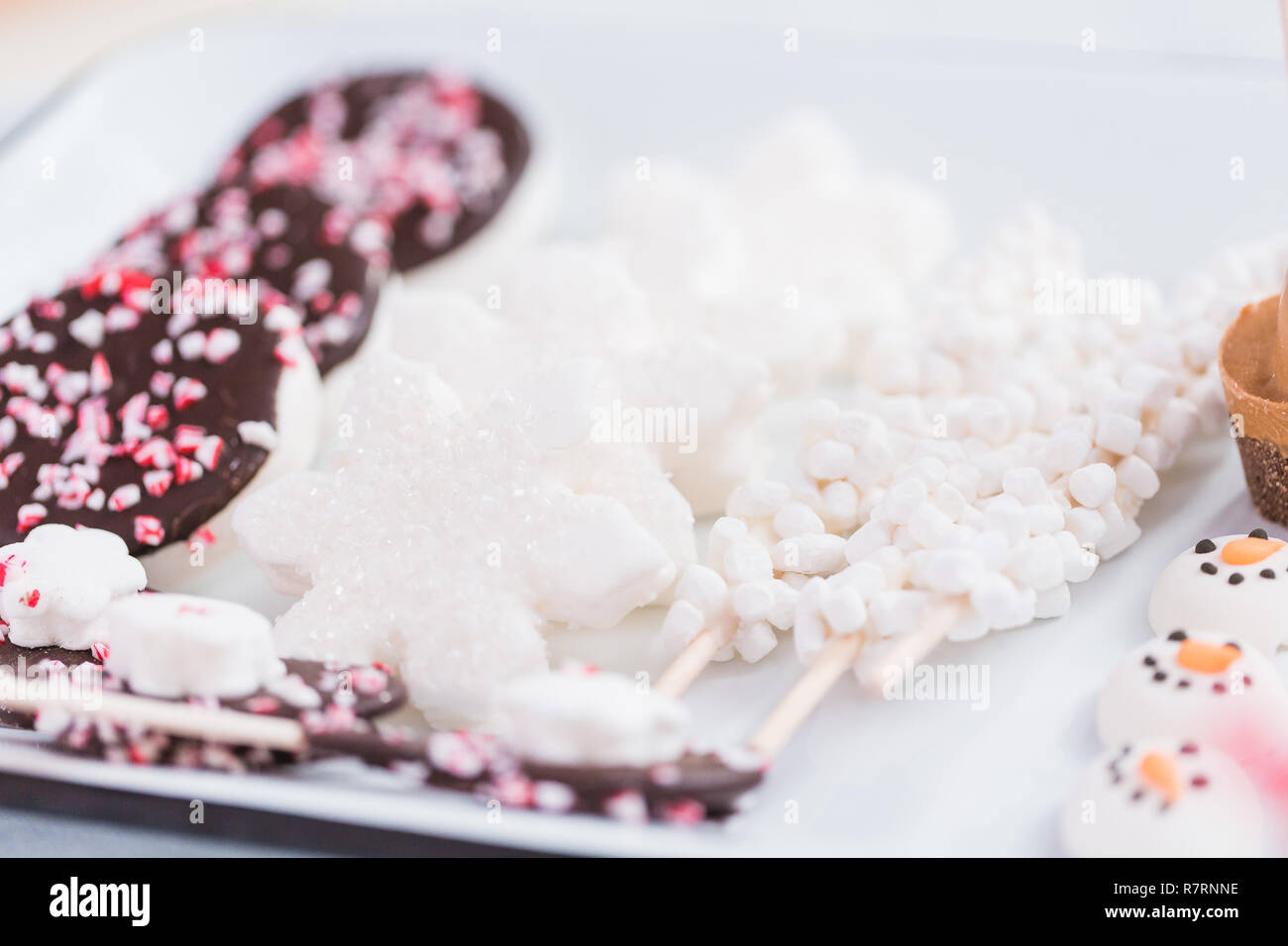 Close up view. Variety of marshmallow toppings with peppermint and ...