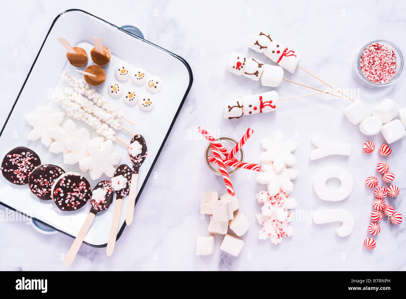 Flat lay. Variety of marshmallow toppings with peppermint and chocolate ...