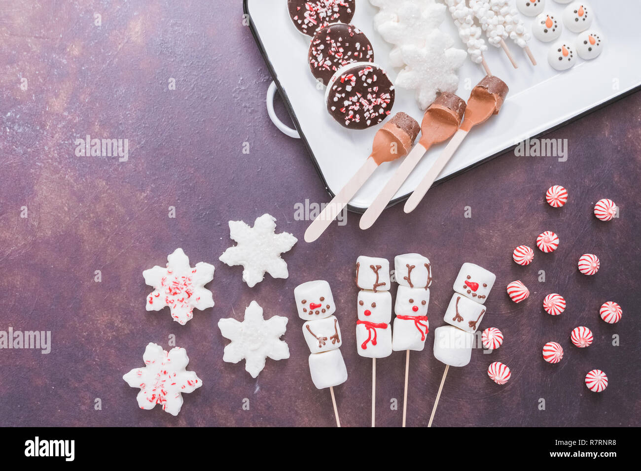 Flat lay. Variety of marshmallow toppings with peppermint and chocolate ...