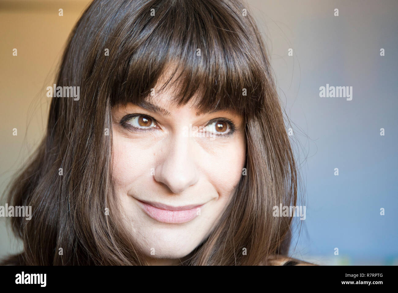 35 years old woman close-up portrait. Caucasian with brown long hair ...
