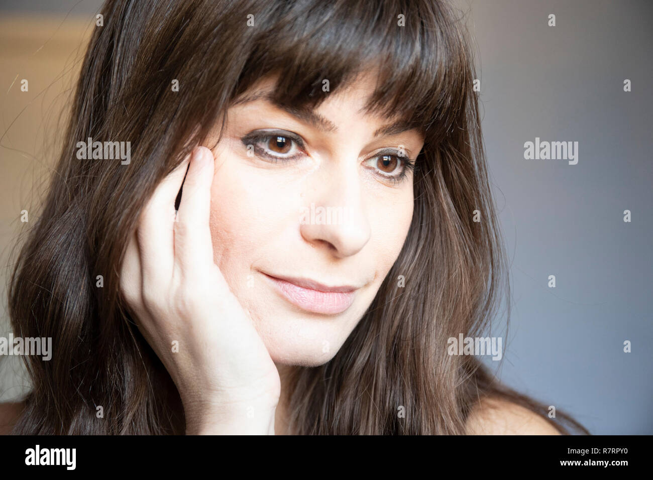 35 years old woman three quarters close-up portrait. Caucasian with ...