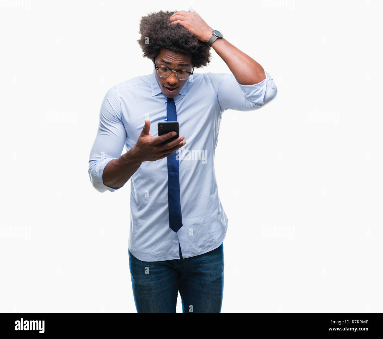 Afro american business man texting using smartphone over isolated ...