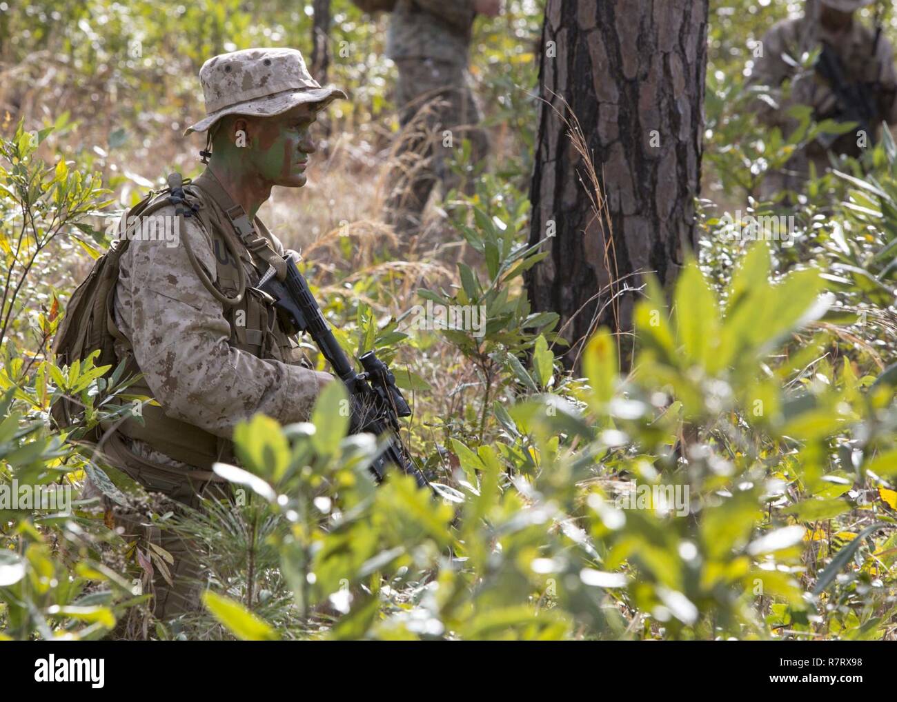 Pfc. Erich B. Vlaar conducts a foot patrol during a scout sniper ...