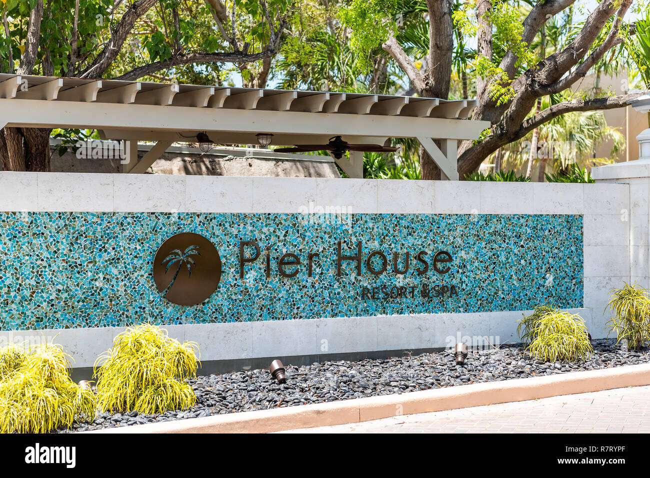 Key West, USA - May 1, 2018: Duval street Pier House sign closeup with ...