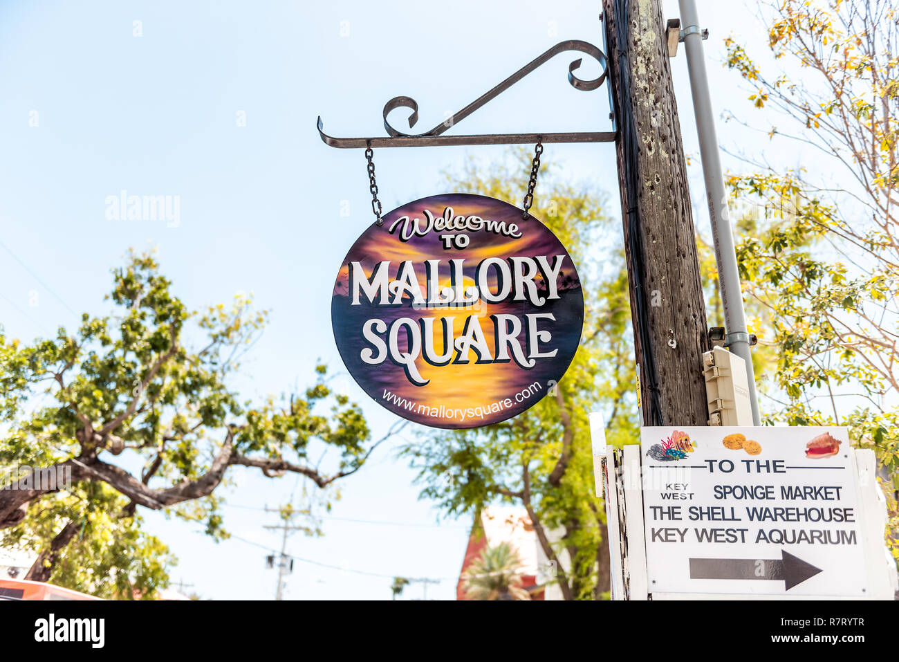 Key West, USA - May 1, 2018: Duval street closeup of Welcome to Mallory ...