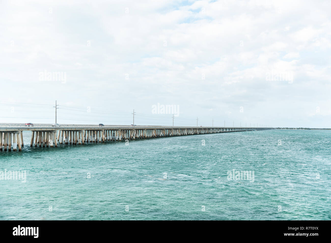 Seven Mile Bridge landscape of Florida Keys water atlantic ocean, cars ...