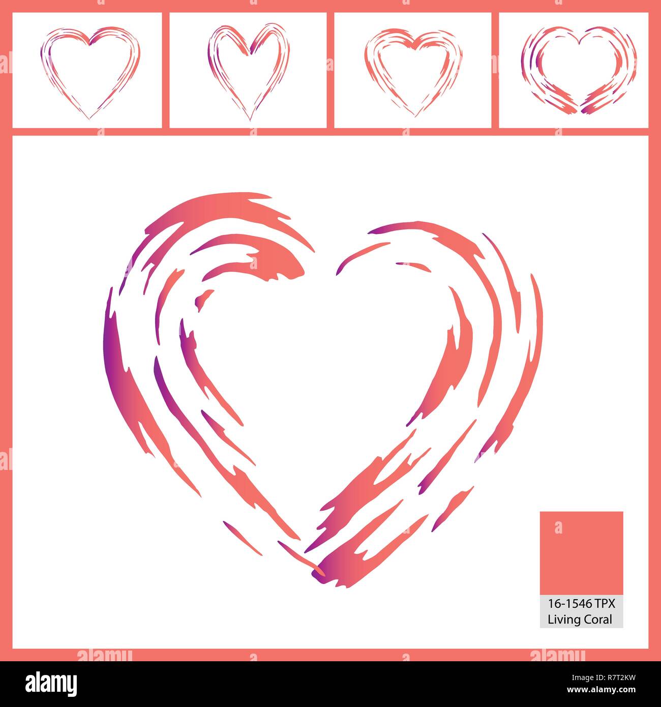 Modern collection of five hearts in Living Coral color isolated on ...