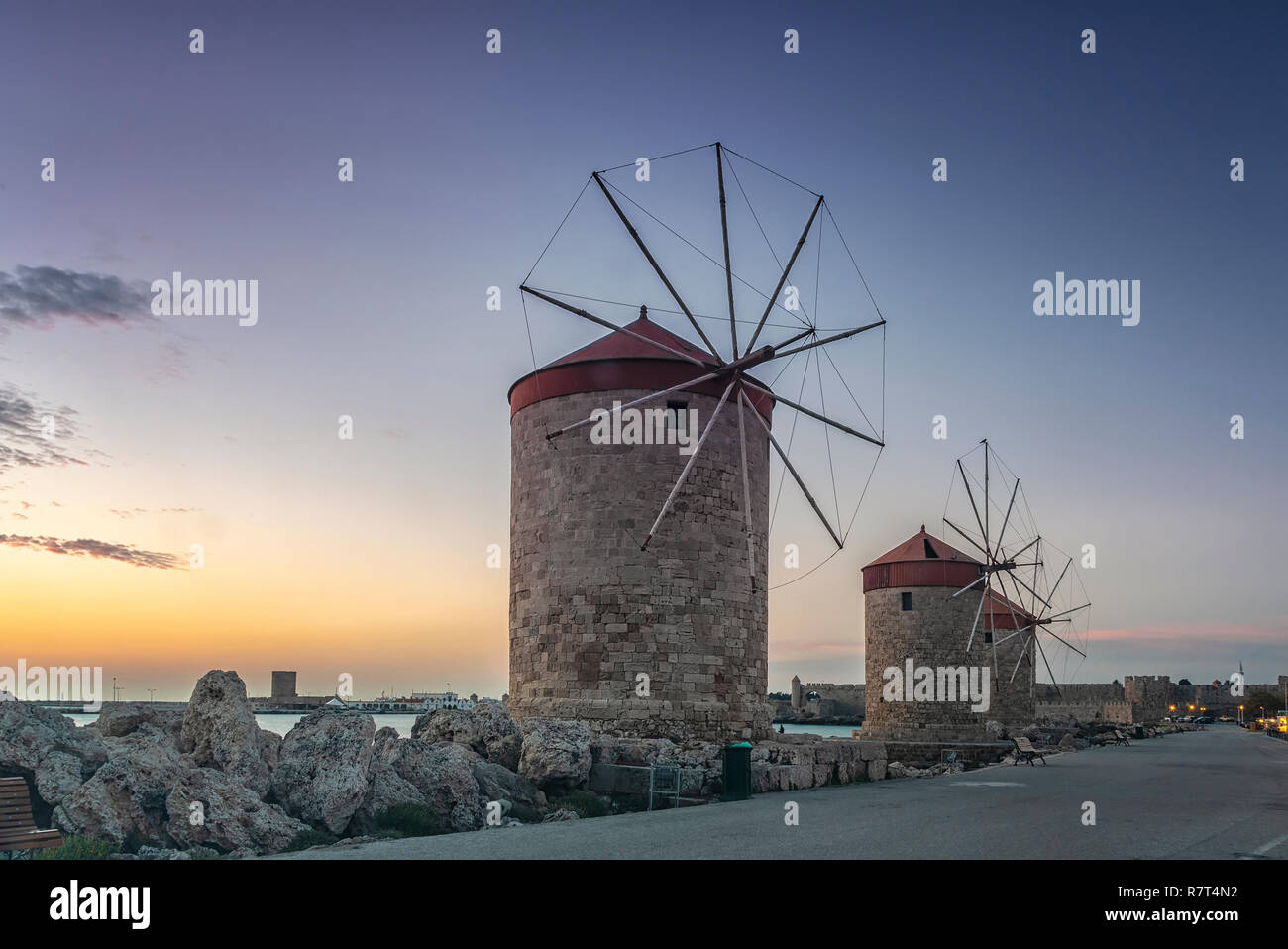 A long exposure photograph of the windmills at Rhodes town on the ...