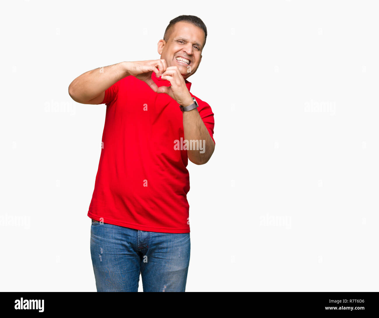 Middle age arab man over isolated background smiling in love showing ...