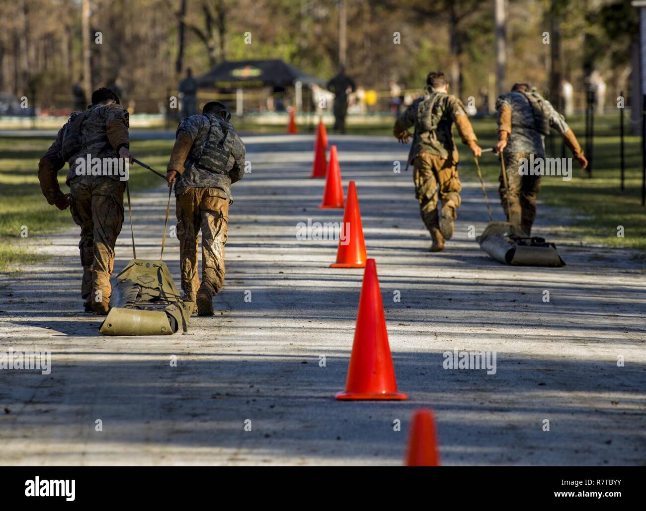 U.S. Army Rangers drag a litter during the Malvesti Obstacle Course at ...