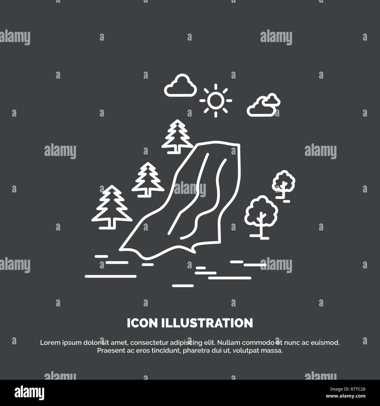 waterfall, tree, pain, clouds, nature Icon. Line vector symbol for UI ...
