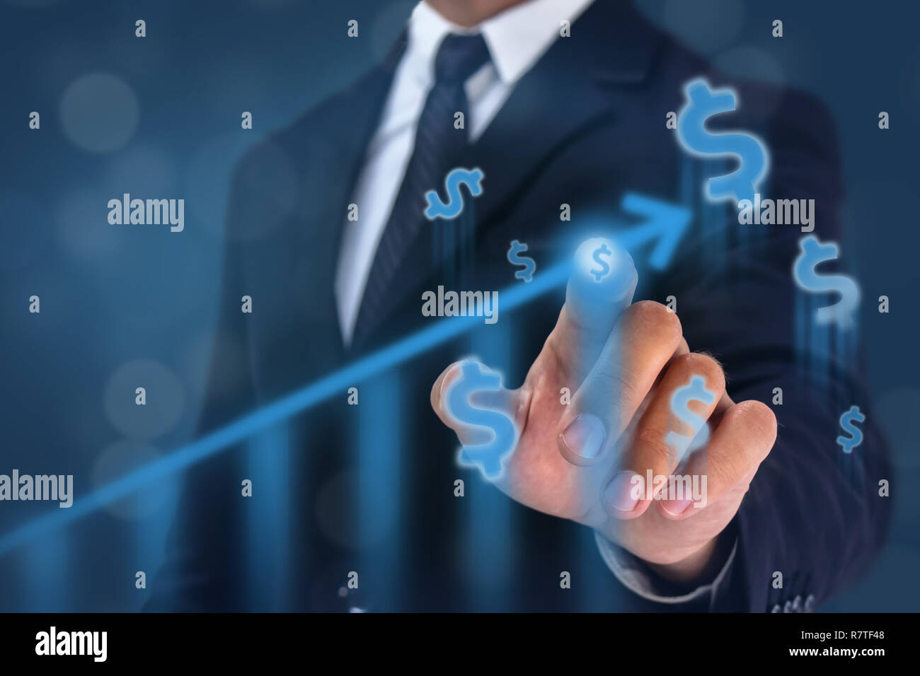 business man point hand on the top of arrow graph with high rate of ...