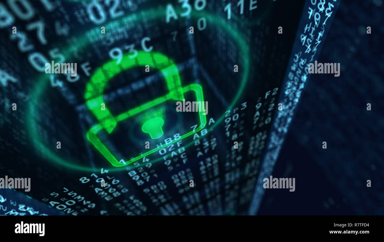 Cyber security 3D illustration. Padlock symbol with digital block in ...
