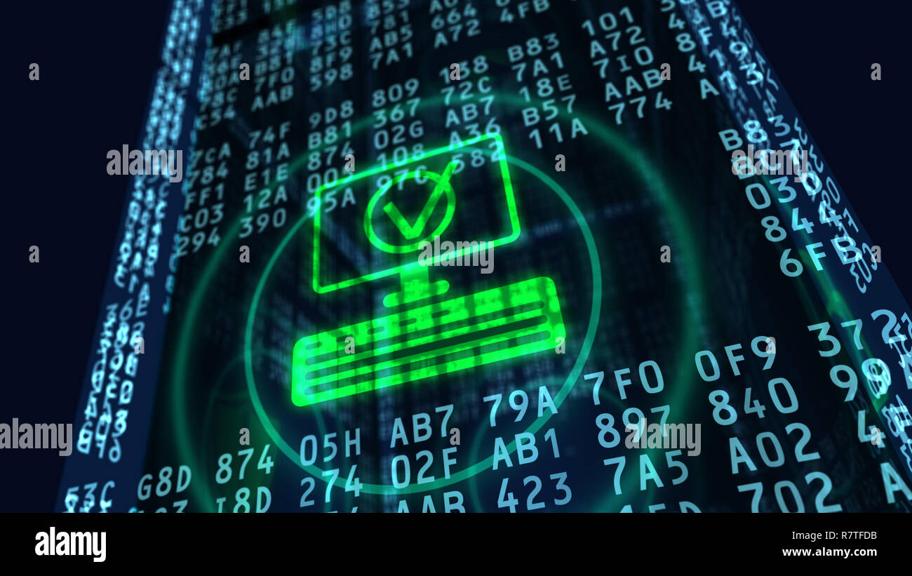 Cyber security 3D illustration. System ok symbol with digital block in ...