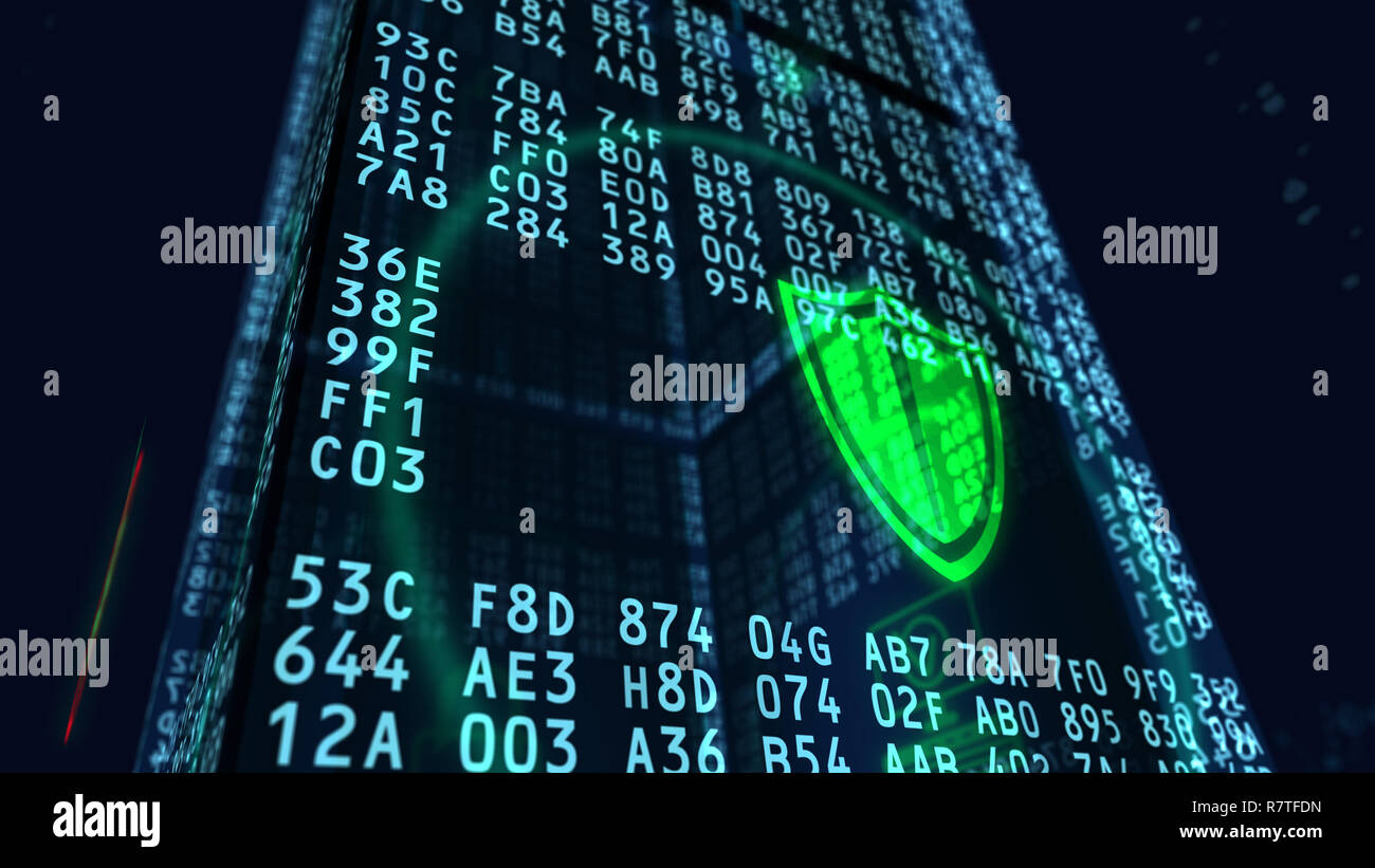 Cyber security 3D illustration. Shield symbol with digital block in ...