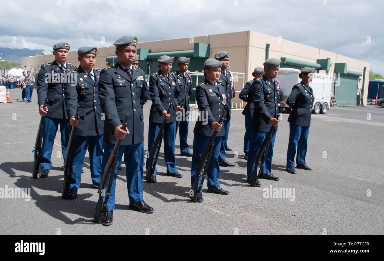 KAPOLEI — Waianae High School JROTC cadets stand at parade rest before ...