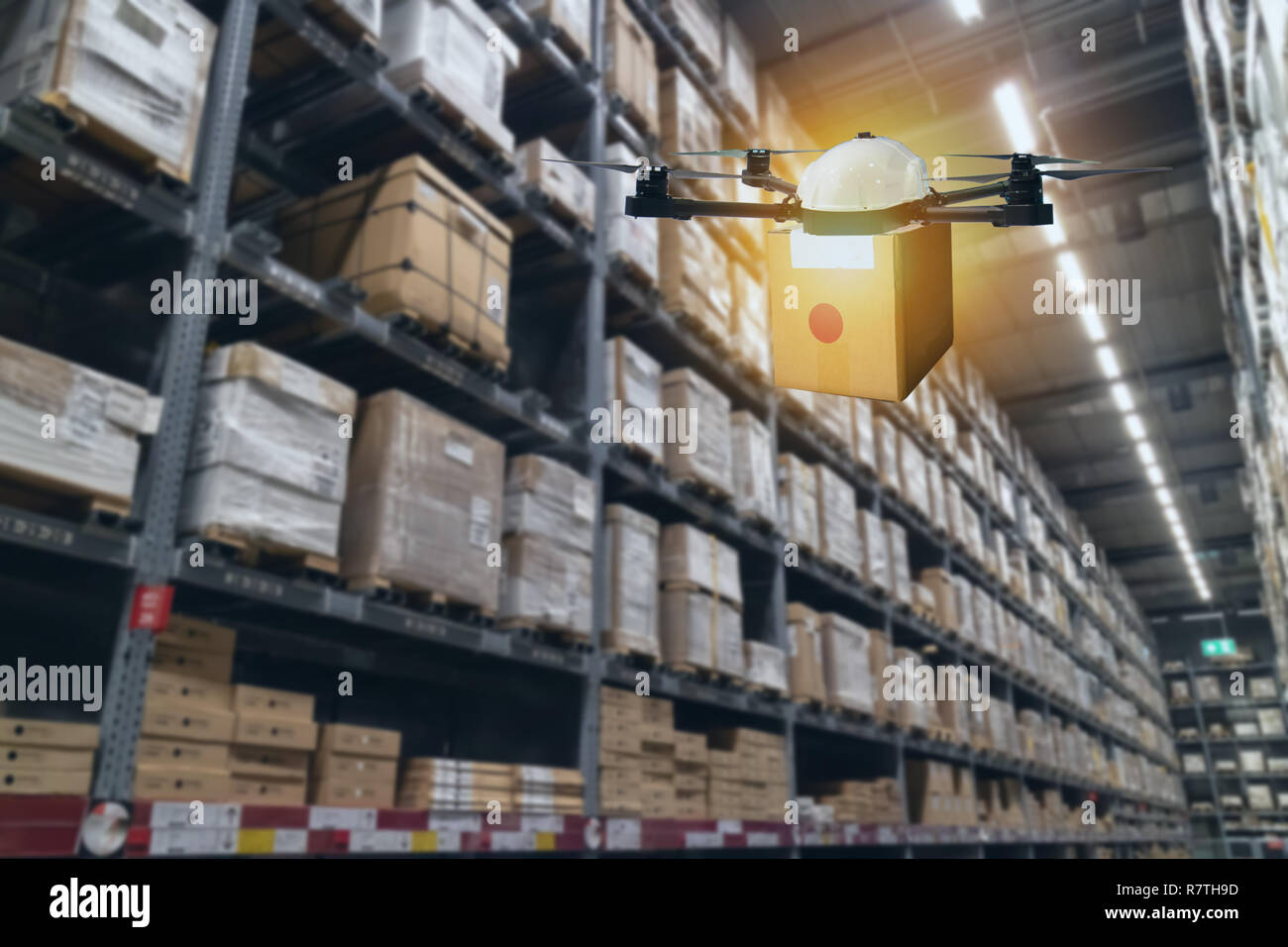 drone flying transportation in smart warehouse concept, a retail use a ...