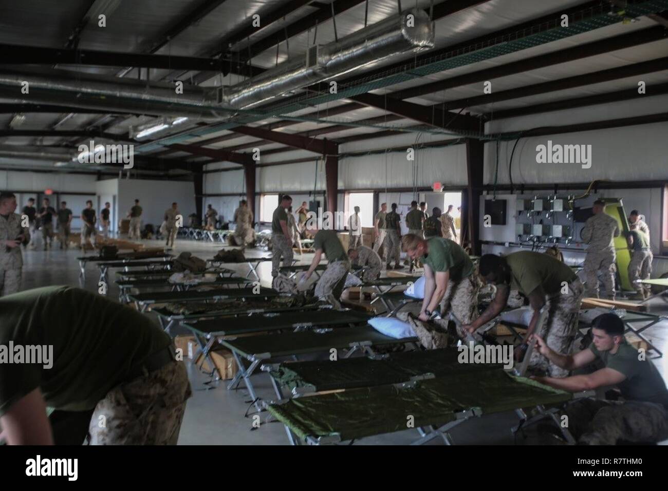 Marines set up cots in a squad bay after arriving for a CONUS Based ...