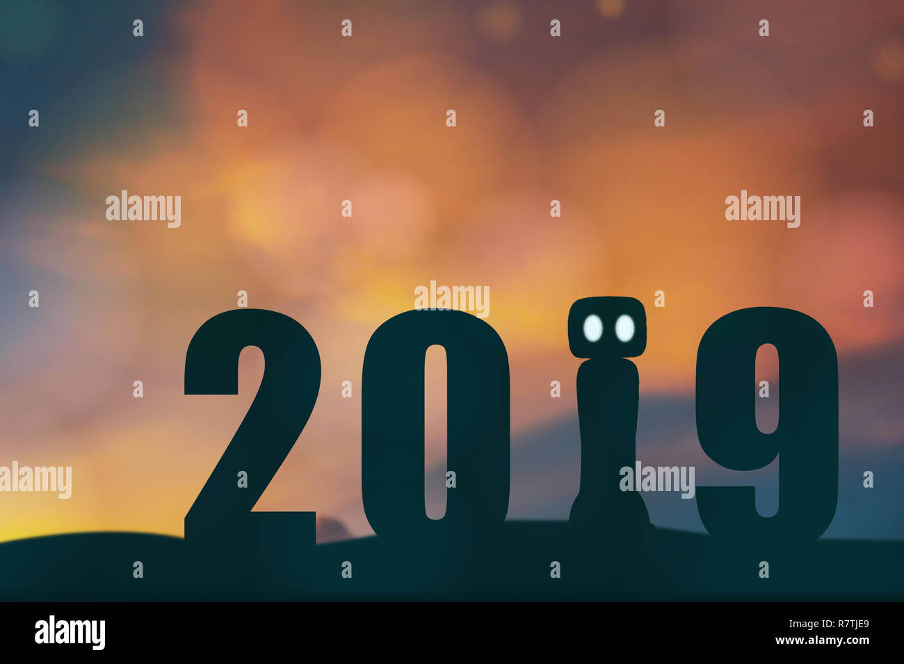 2019 year artificial intelligence or ai futuristic concept, Silhouette ...