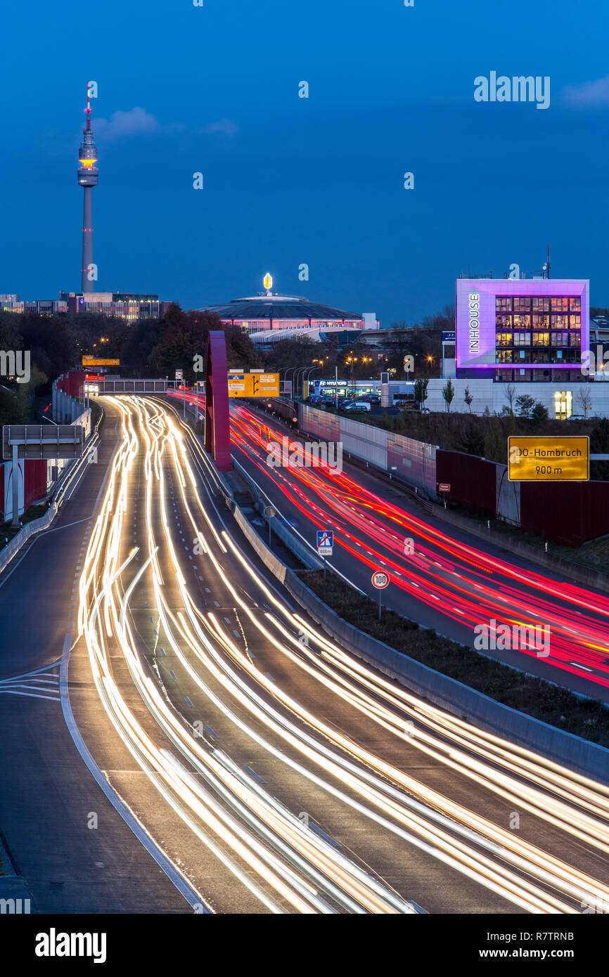 A40 motorway or Ruhrschnellweg with the skyline of Dortmund, with ...