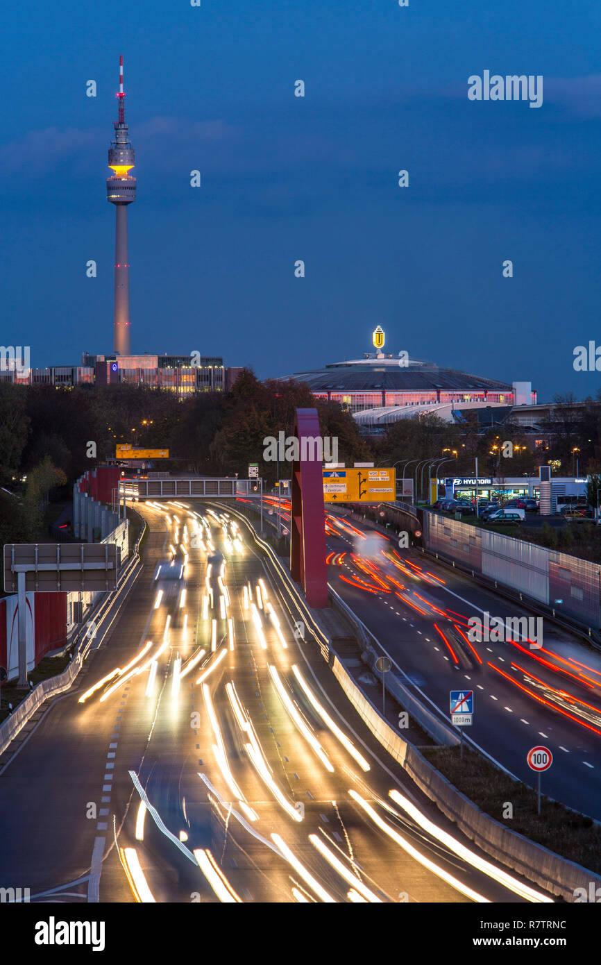 A40 motorway or Ruhrschnellweg with the skyline of Dortmund, with ...