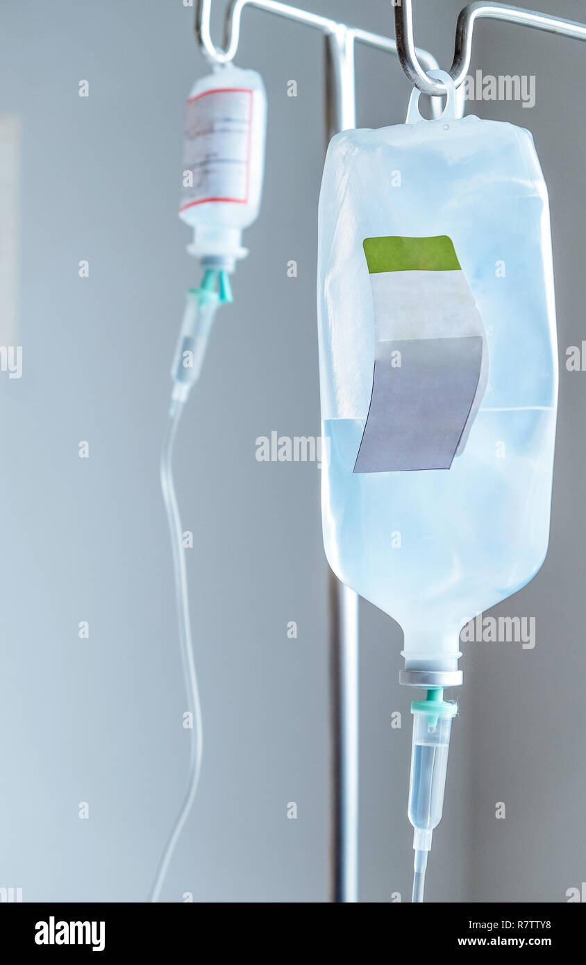 Medical Care, Close up saline solution drip for patient in hospital ...