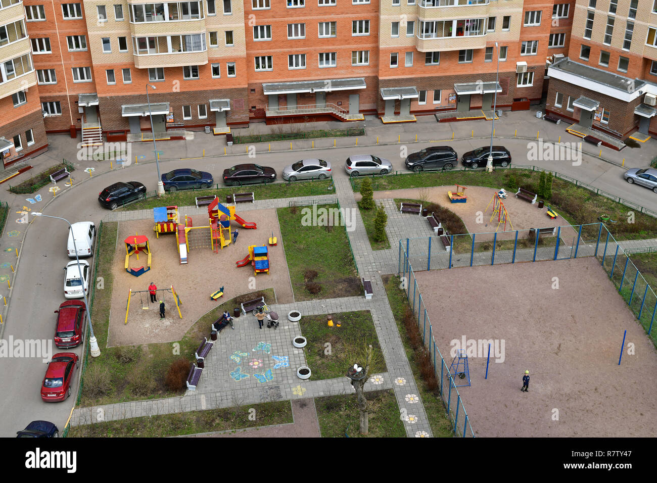 Moscow, Russia - April 29. 2018. Top of courtyard of residential ...