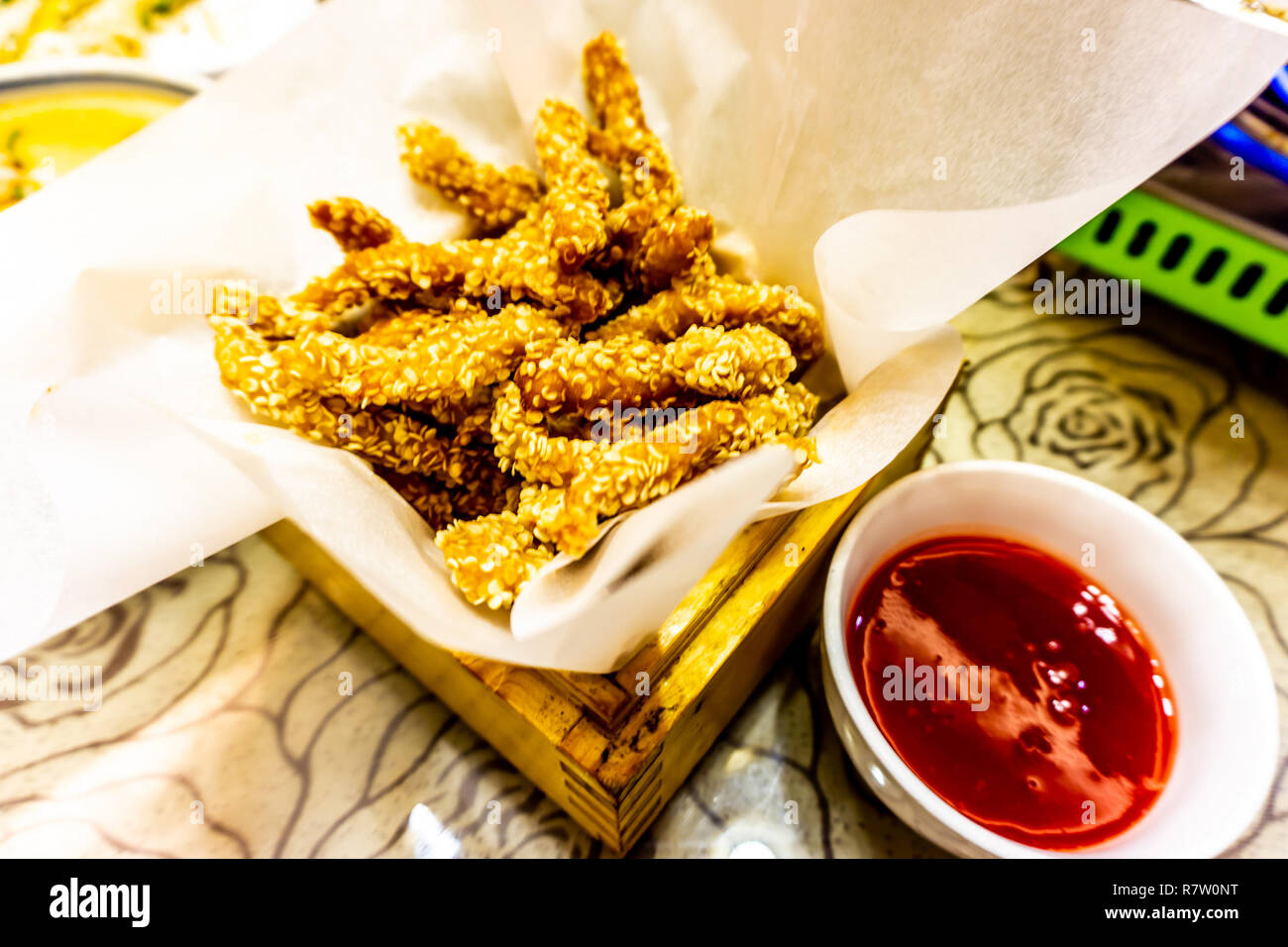 Traditional Chinese Fried Chicken Sticks with Sesame in a Wooden Box ...