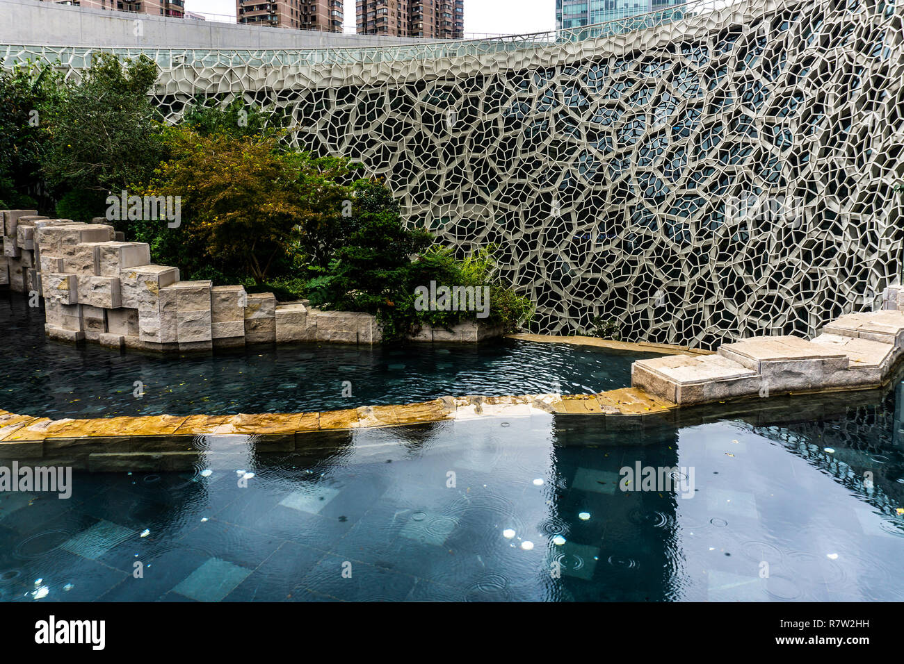 Shanghai Natural History Museum Glass Wall and Pond Exterior View Stock ...