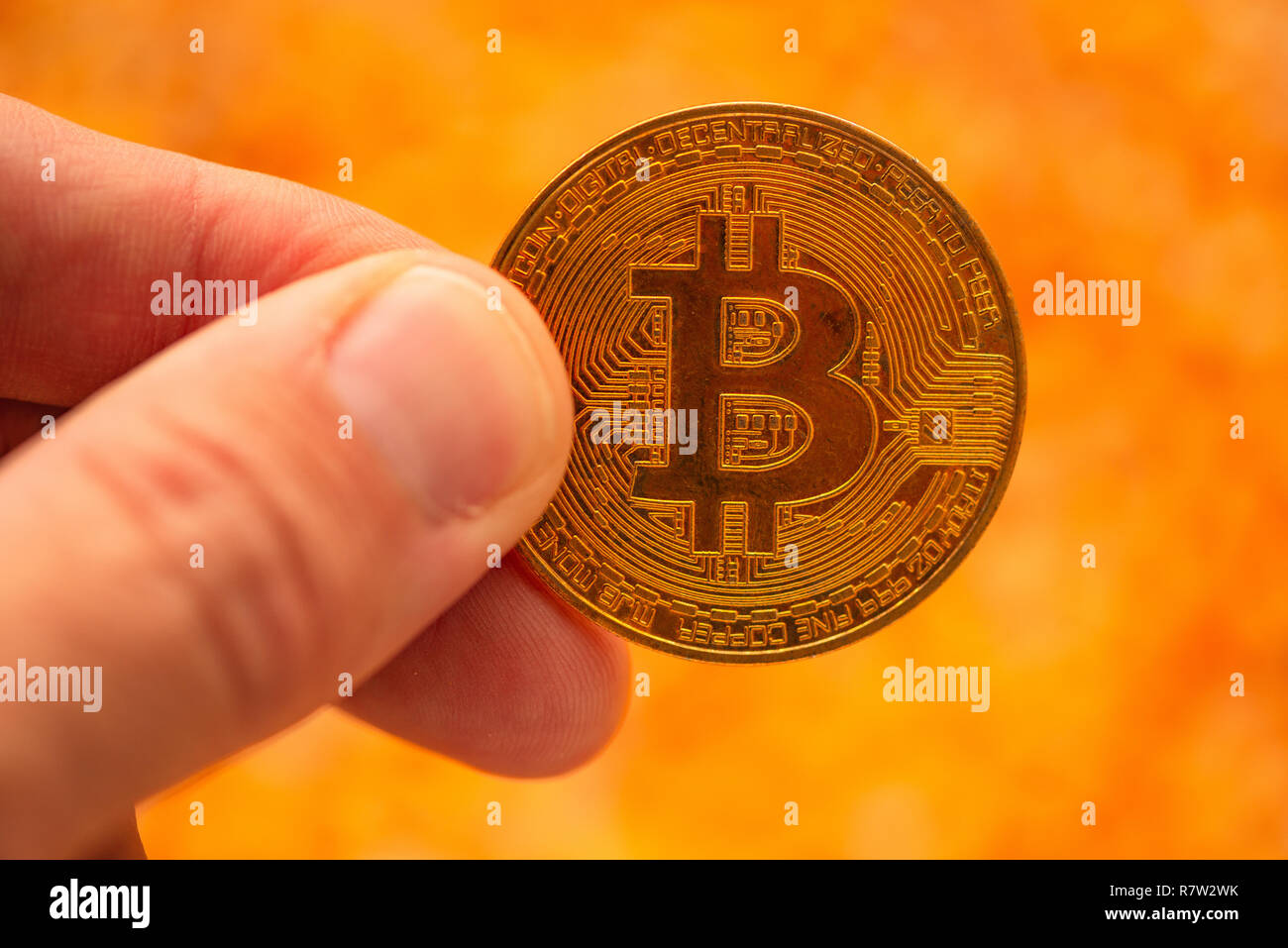 Bitcoin in hand over corn kernels heap, conceptual image for ...