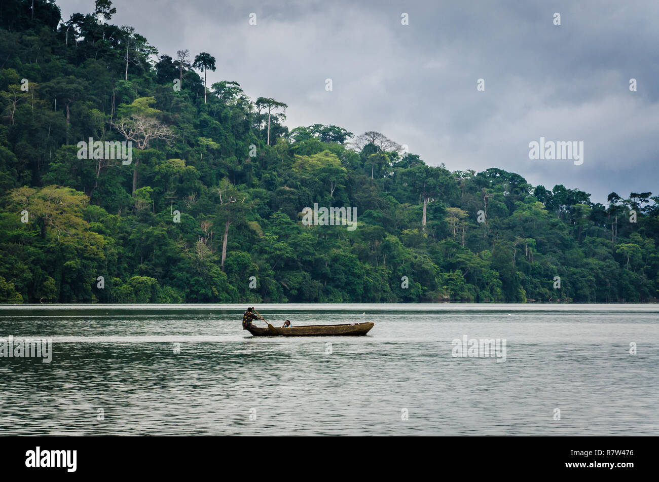 Simple wooden dugout canoe on Barombi Mbo crater lake of Cameroon ...