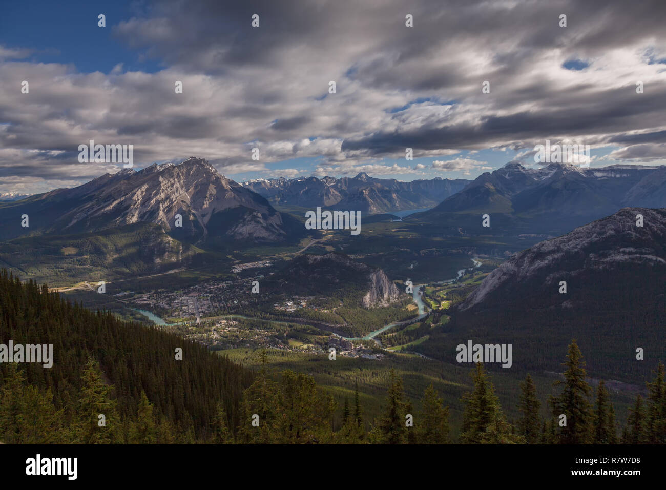 Summer birdview of Cascade Mountain and the city of Banff Alberta from ...