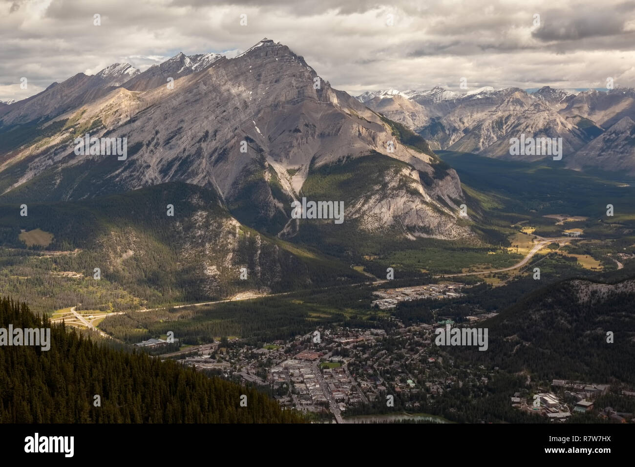 Summer birdview of Cascade Mountain and the city of Banff Alberta from ...
