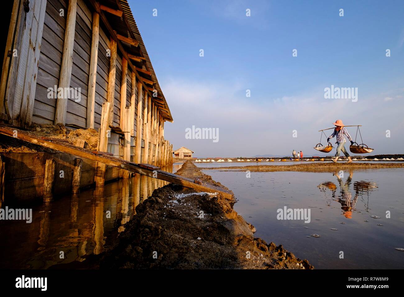 Cambodia, Kampot province, Kampot, salt pond, harvesting salt Stock ...