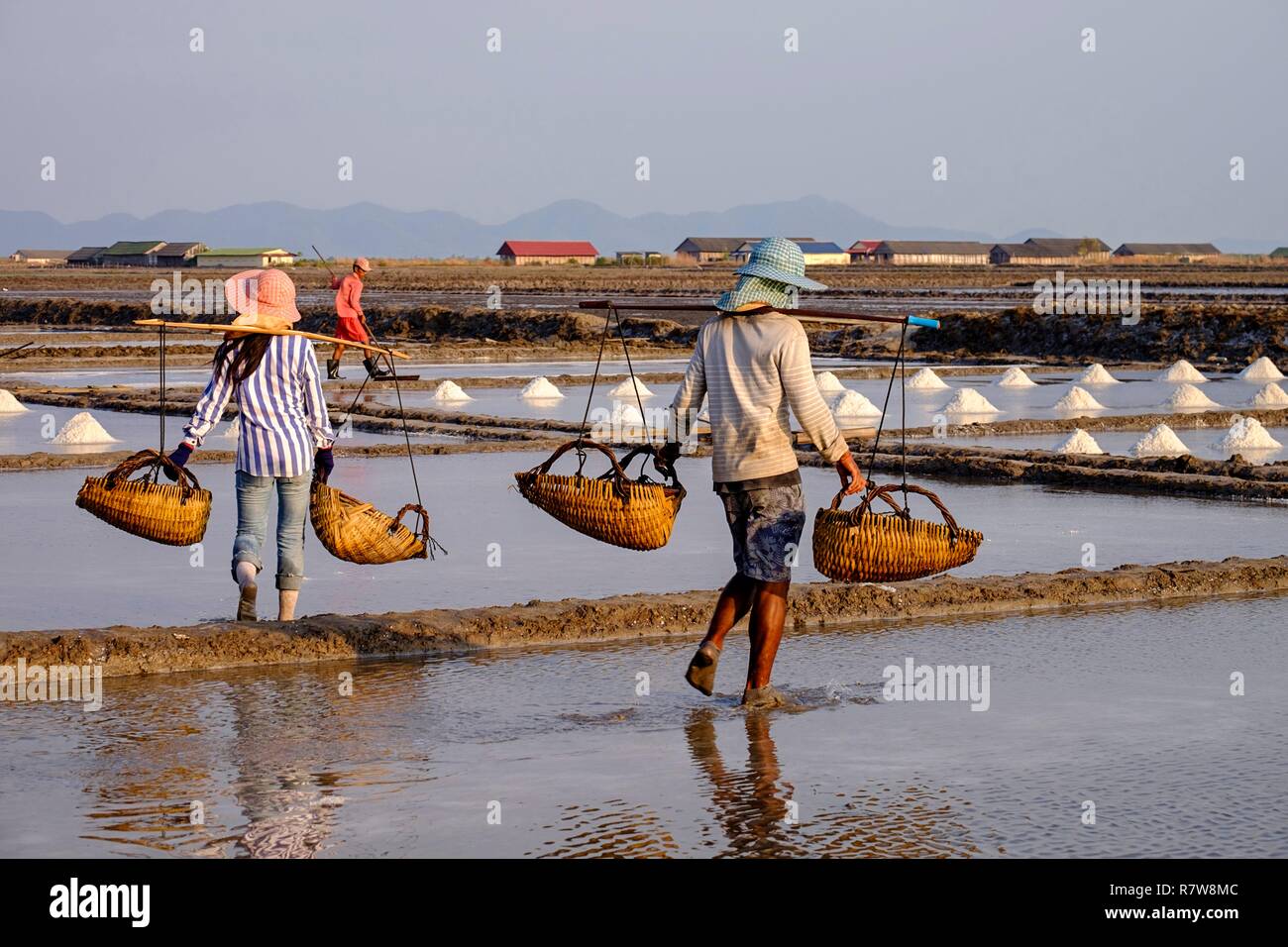 Cambodia, Kampot province, Kampot, salt pond, harvesting salt Stock ...