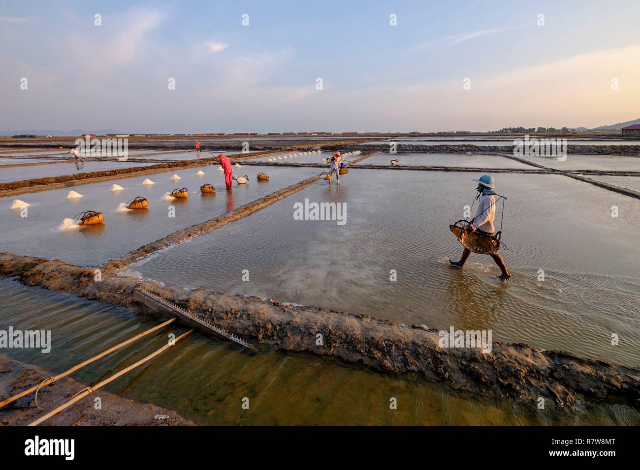 Cambodia, Kampot province, Kampot, salt pond, harvesting salt Stock ...