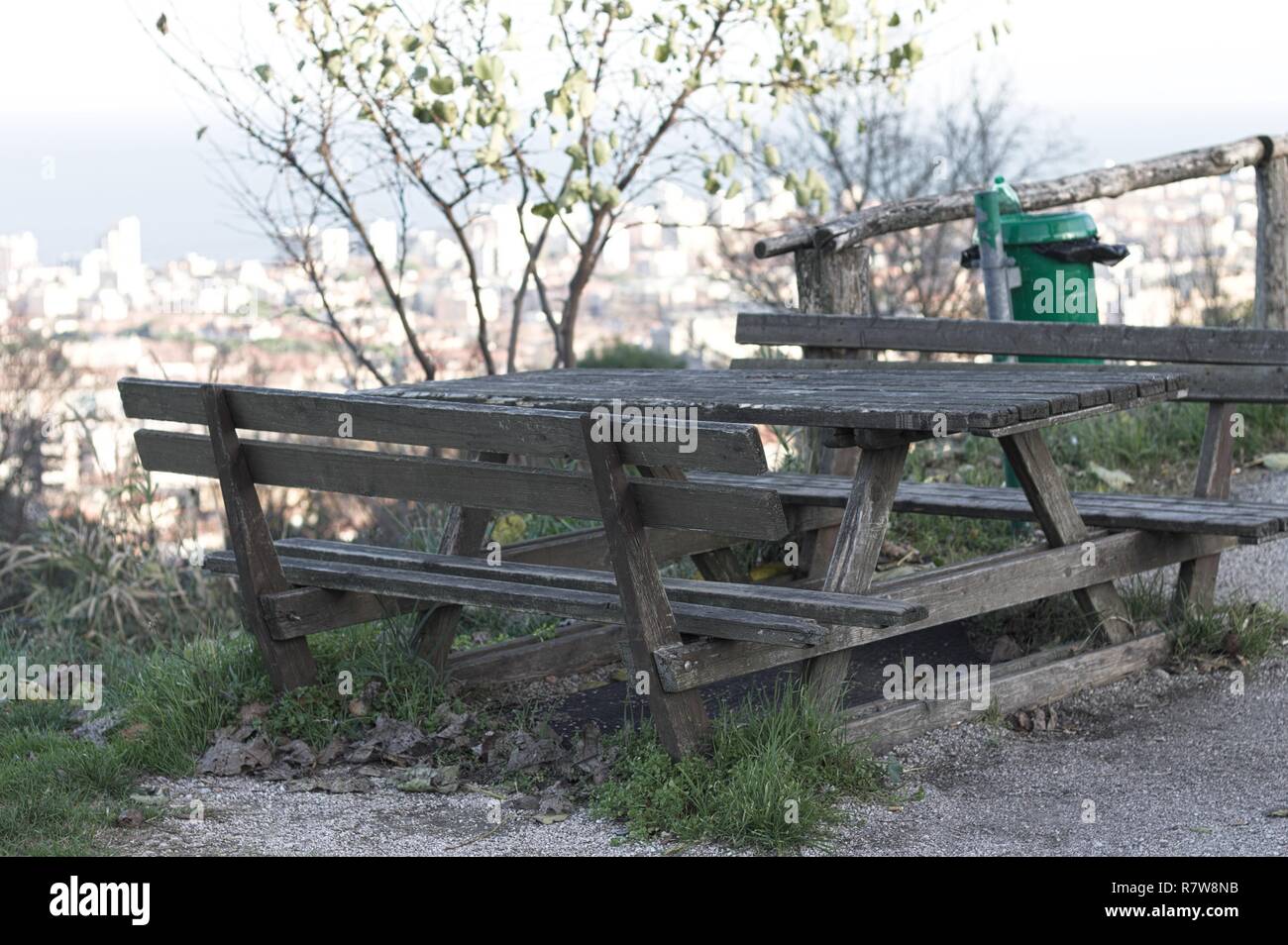 Wooden pic-nic table and bench (Pesaro, Italy Stock Photo - Alamy