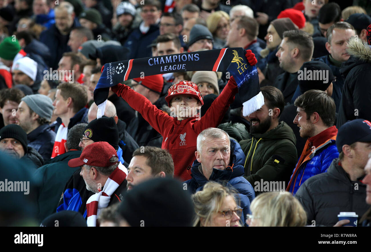 A young Liverpool fan in the stands during the UEFA Champions League ...