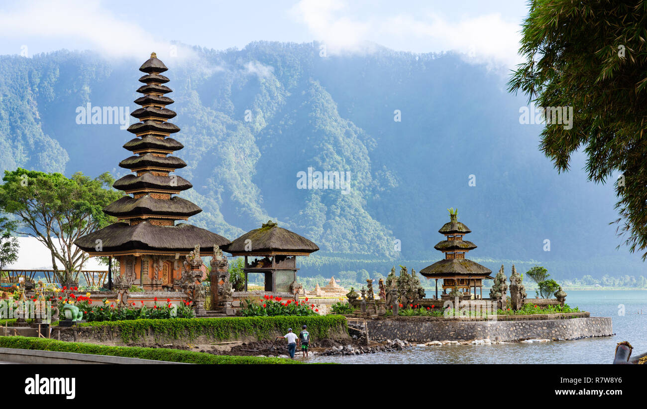 Two spires of the floating Pura Bratan hindu temple on Lake Bratan ...