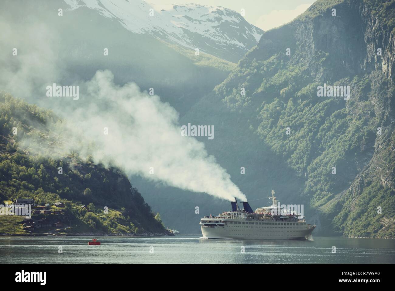 large ferry in the most beautiful Geiranger fjord in Norway Stock Photo ...