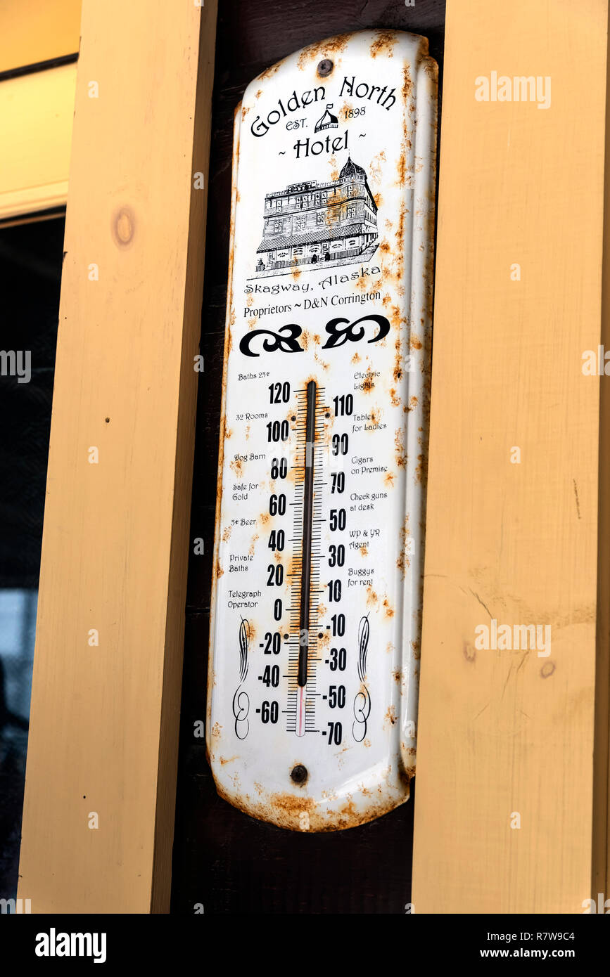 Vintage thermometer at the door of the house, Skagway, Alaska, Klondike ...