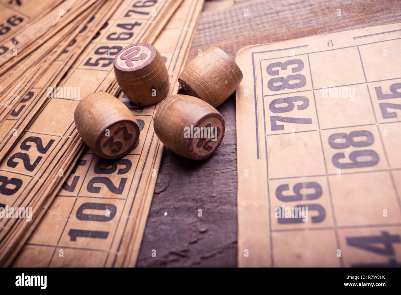 old wooden lotto barrels and game cards Stock Photo - Alamy