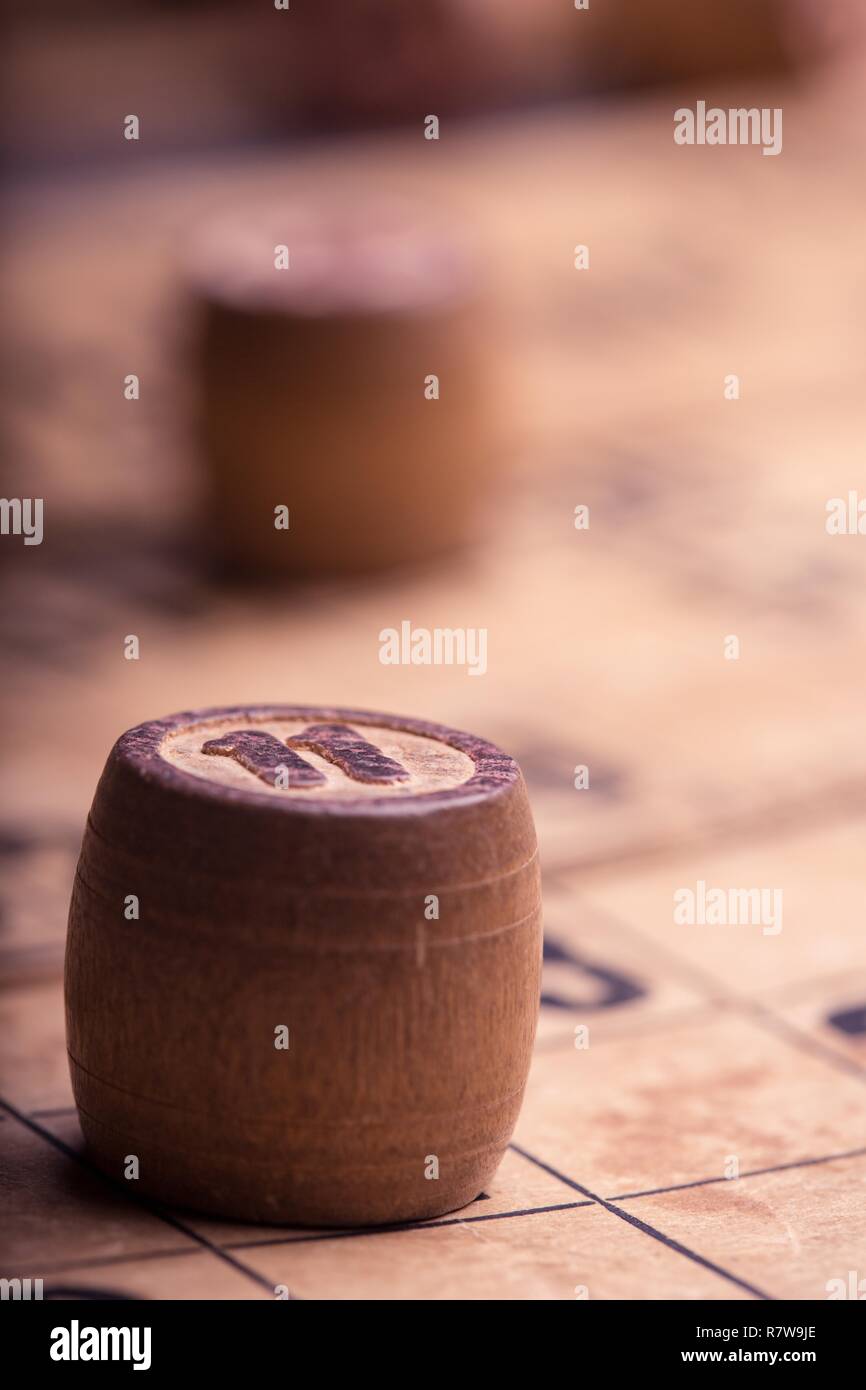 old wooden lotto barrels and game cards Stock Photo - Alamy