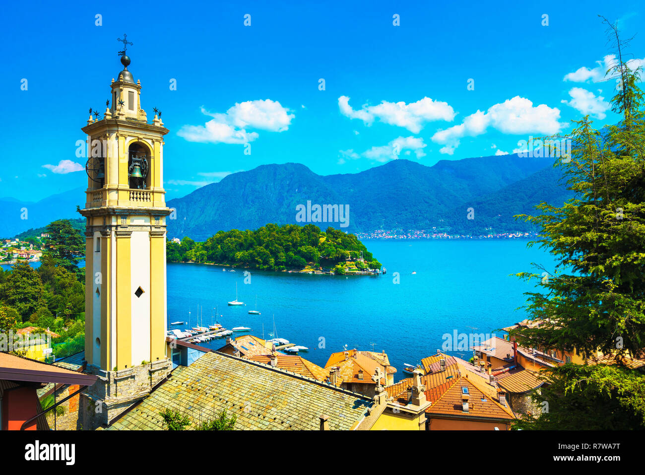 Como Lake, Sala Comacina bell tower from greenway trail. Italy, Europe ...