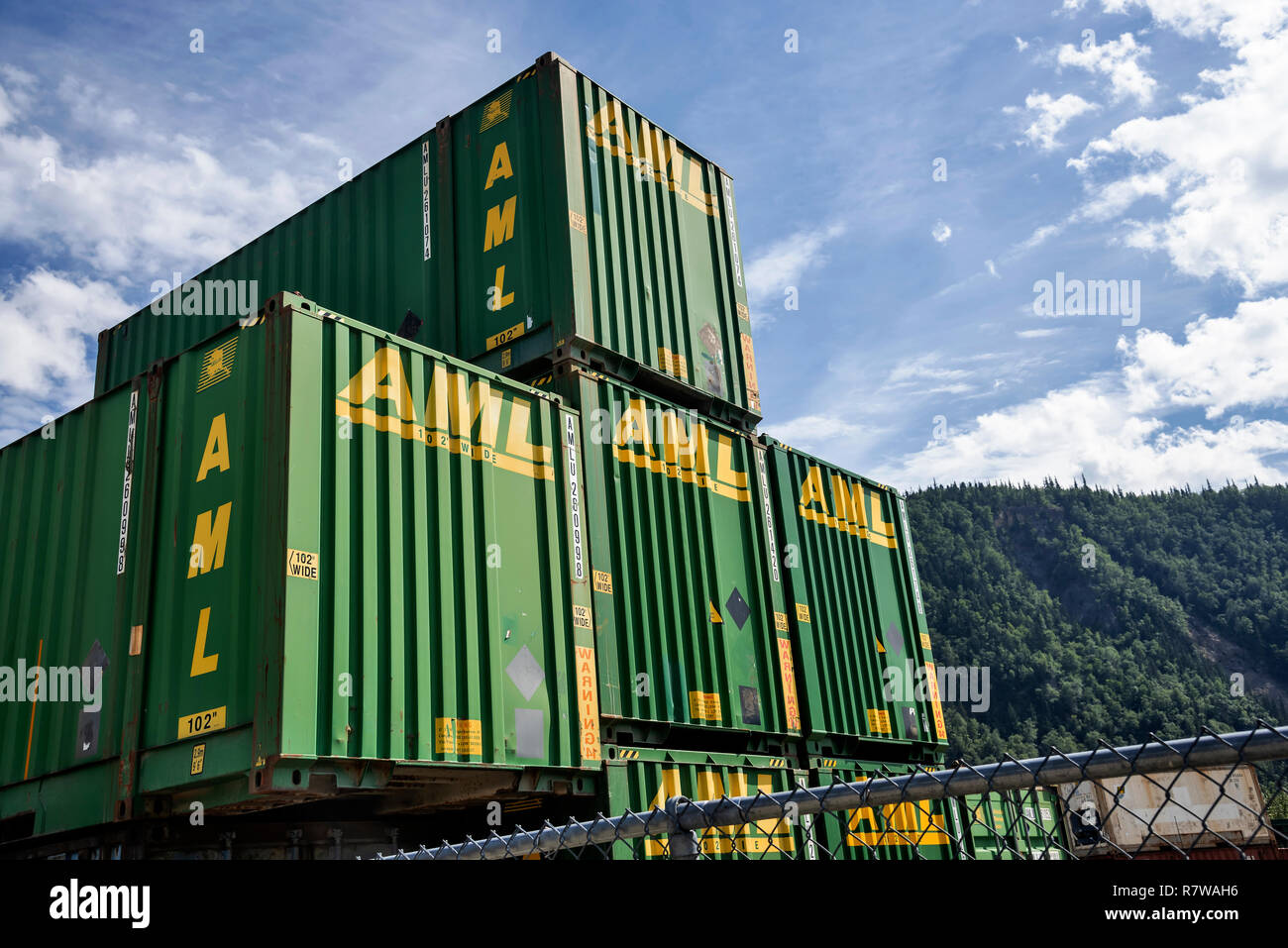Green cargo containers at Skagway port, Alaska, Klondike Gold Rush ...